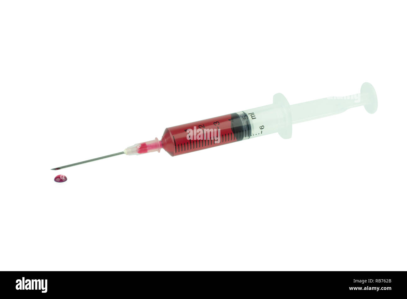 syringe with drop red blood liquid isolated on white background Stock ...