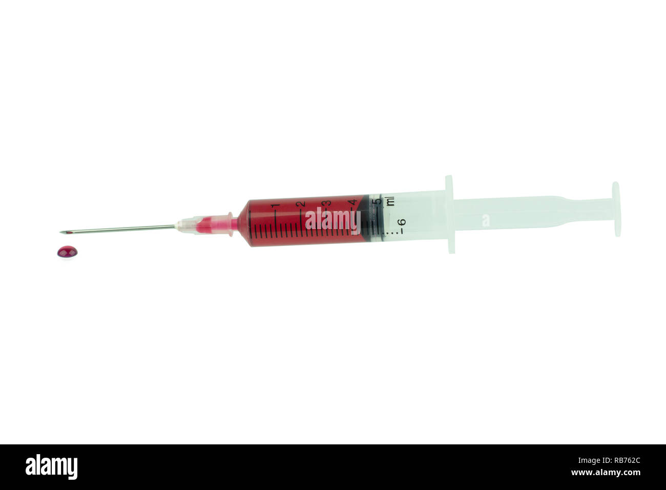 syringe with drop red blood liquid isolated on white background Stock ...