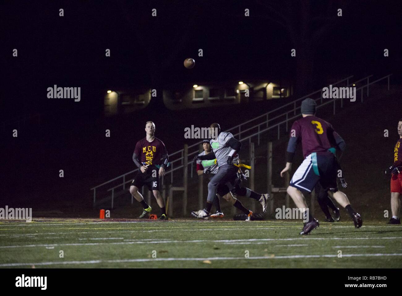 A U.S. Marine with the Marine Corps University flag football team ...