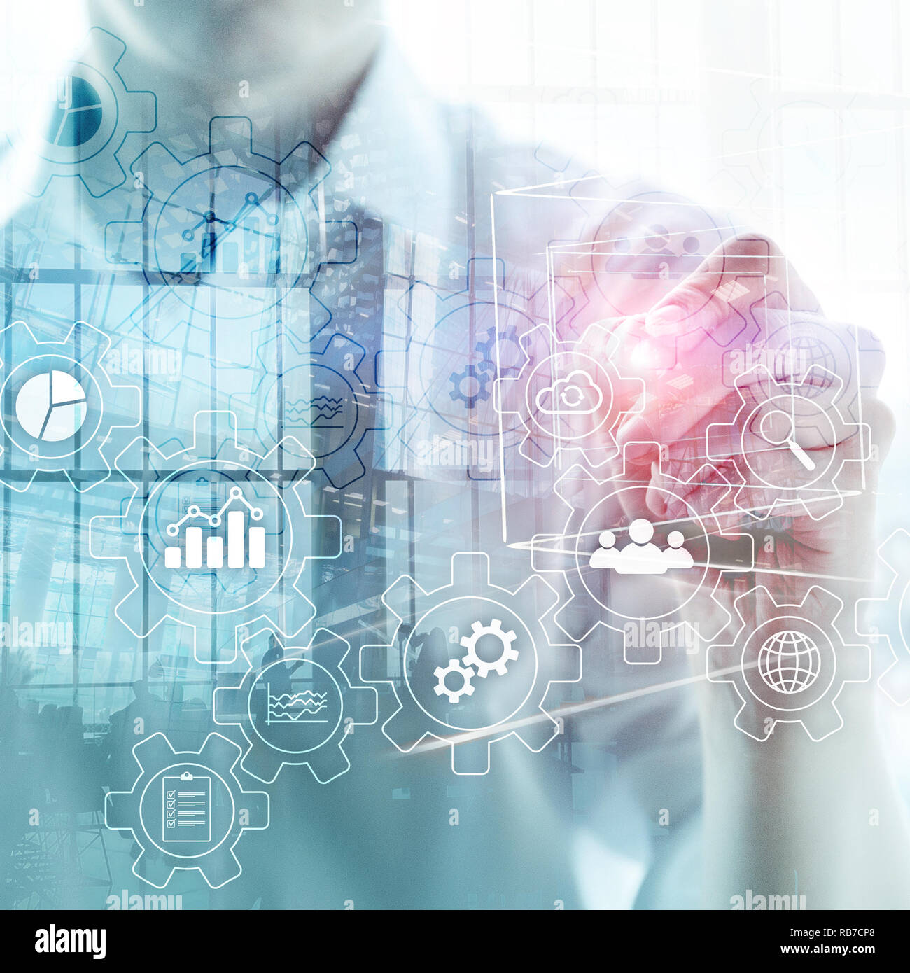 Business process abstract diagram with gears and icons. Workflow and ...