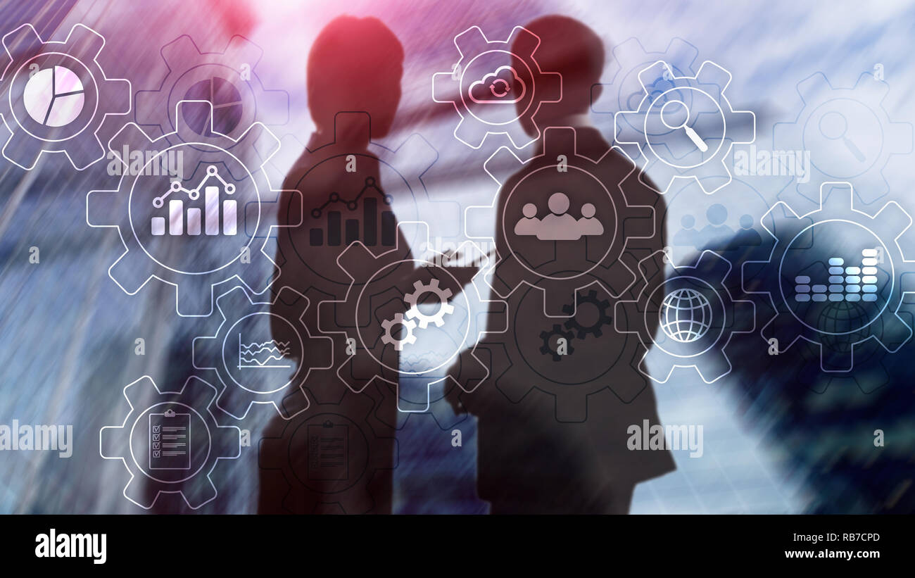 Business process abstract diagram with gears and icons. Workflow and ...