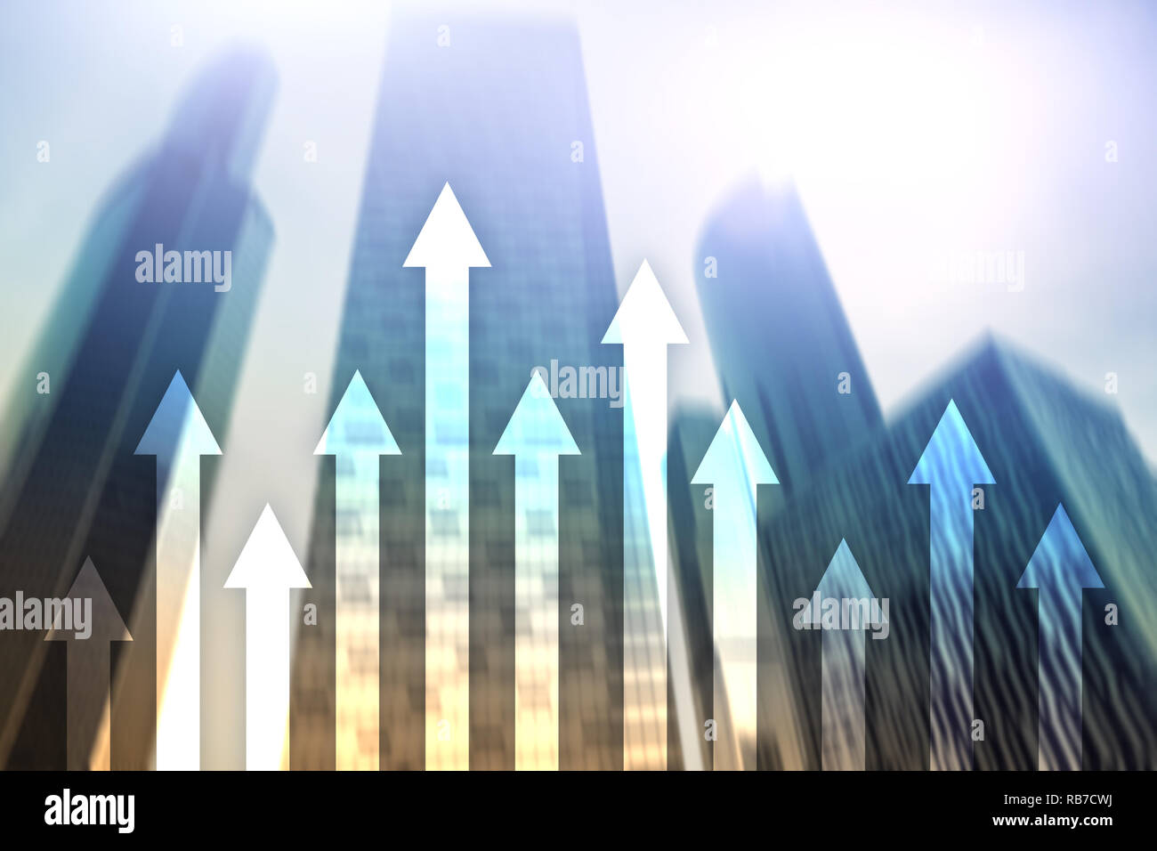 Up arrow graph on skyscraper background. Invesment and financial growth ...