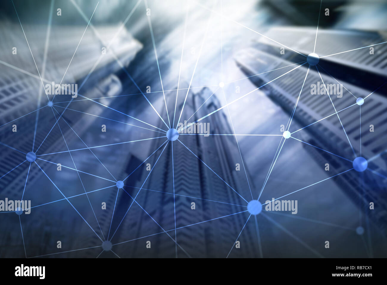 Blockchain network on blurred skyscrapers background. Financial ...