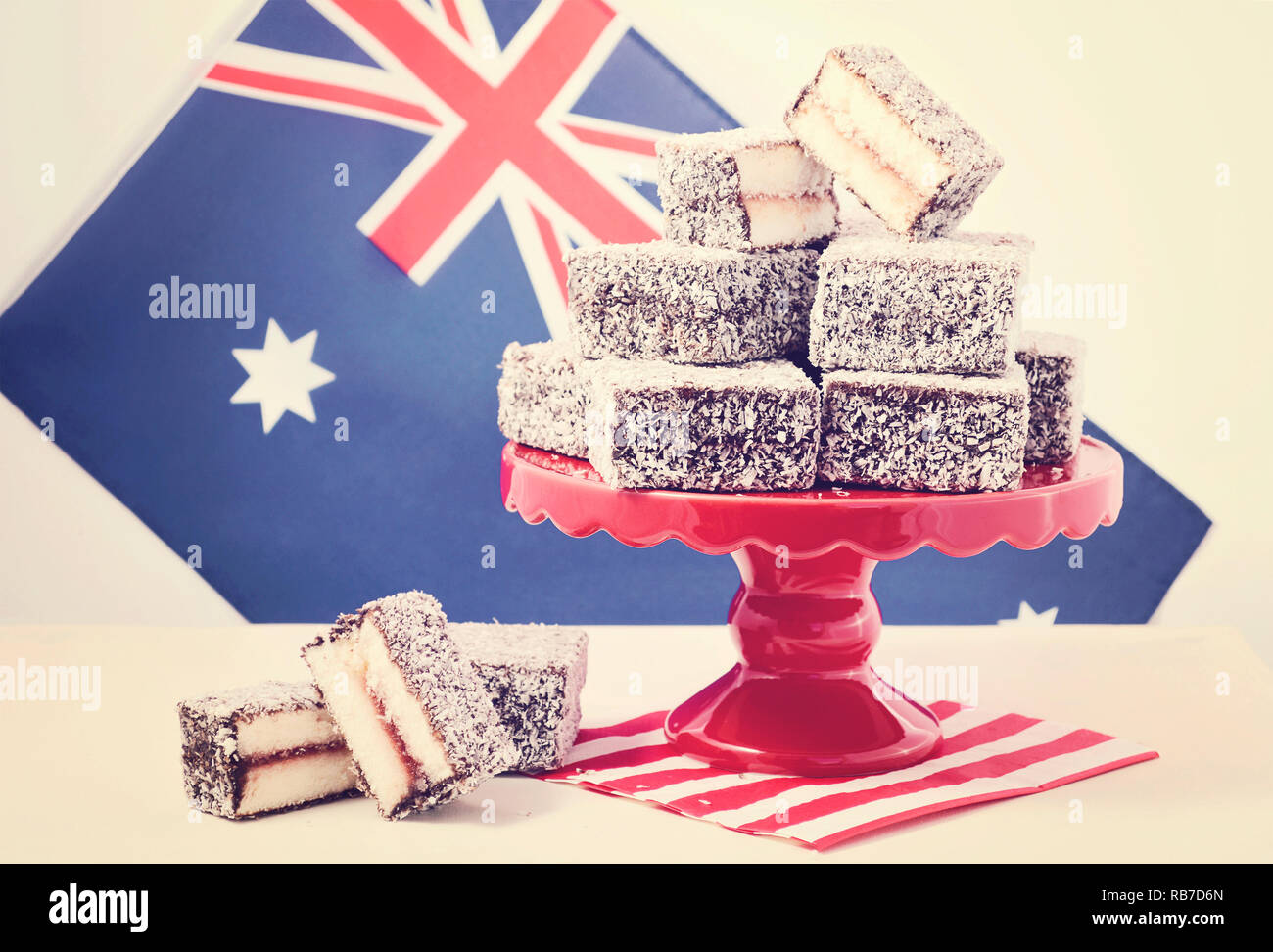Traditional Australian Lamington Cakes with Australian flag on red ...