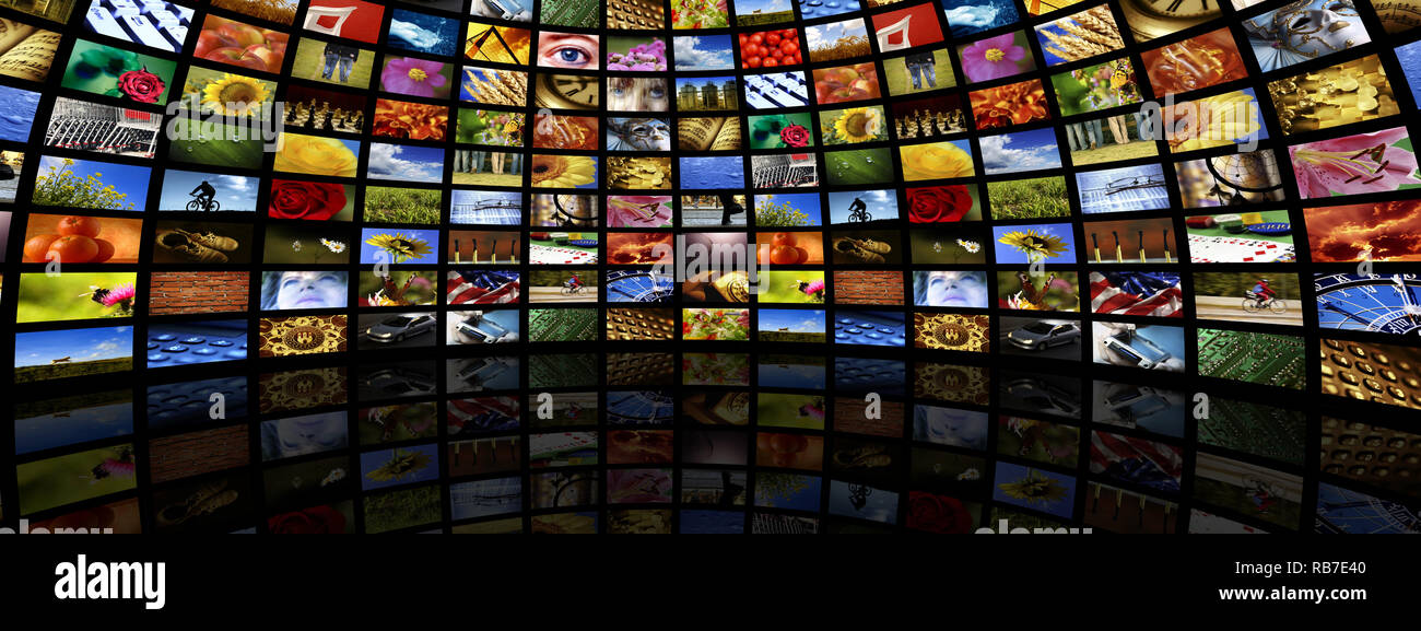 spherical room with a wall of tv screens and reflective floor Stock ...