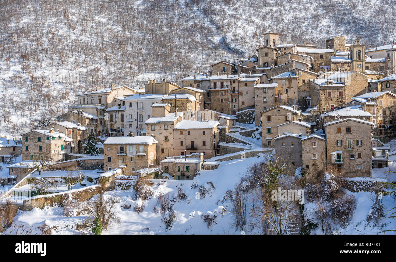 The beautiful Scanno covered in snow during winter season. Abruzzo ...