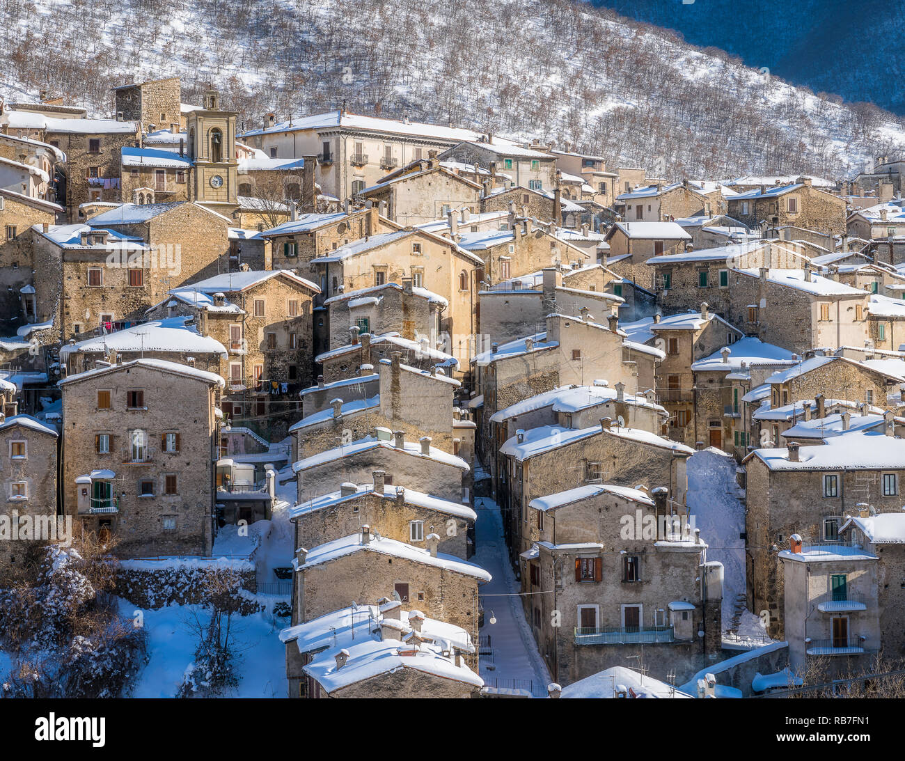 The beautiful Scanno covered in snow during winter season. Abruzzo ...