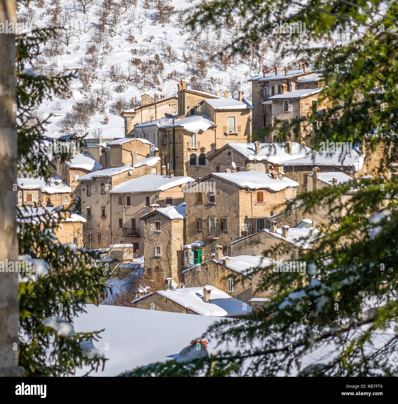 The beautiful Scanno covered in snow during winter season. Abruzzo ...