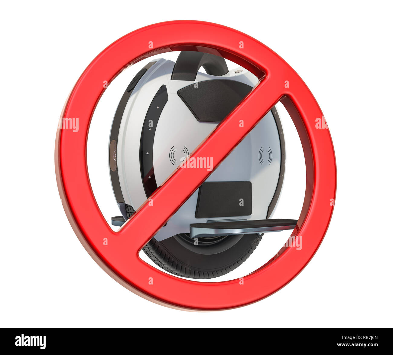 Forbidden sign with electric unicycle. 3D rendering on white background ...