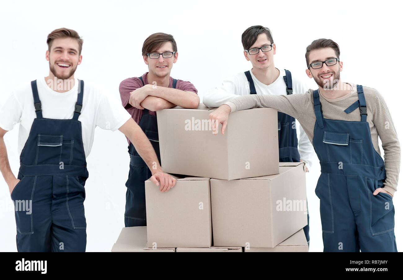 Men holding pile of carton boxes isolated on white background Stock ...