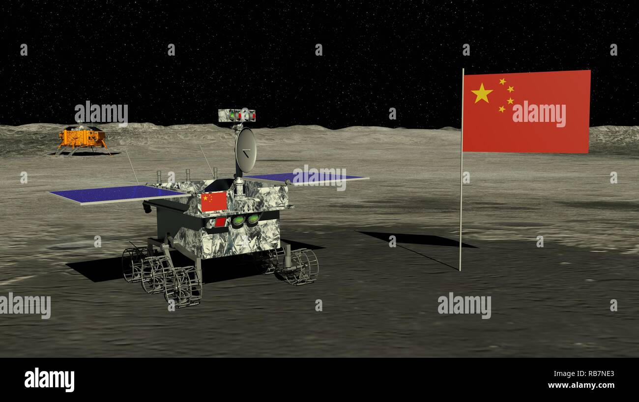 Lunar rover Yutu 2 rolling across the surface of the moon next to ...