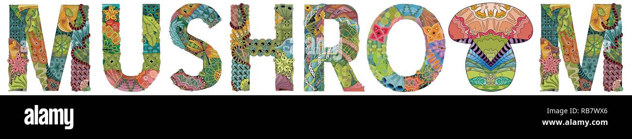 Word MUSHROOM with bird silhouette. Vector zentangle object for ...