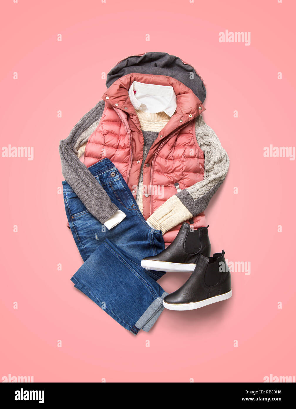 Collection of a winter women clothing on pink background Stock Photo ...