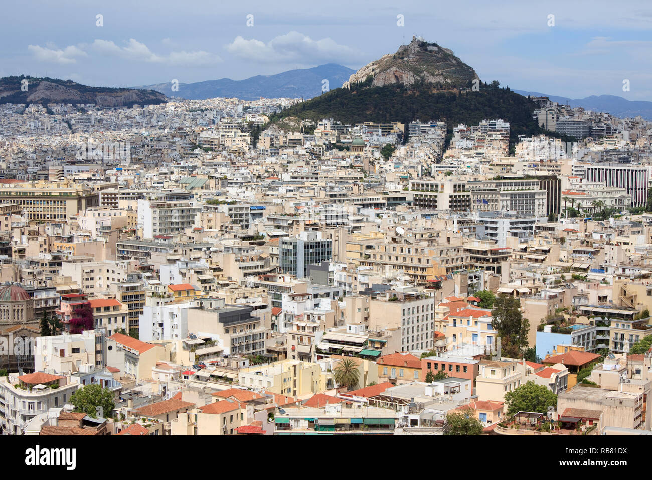 View from the Acropolis area to the city of Athens, Greece. In the ...