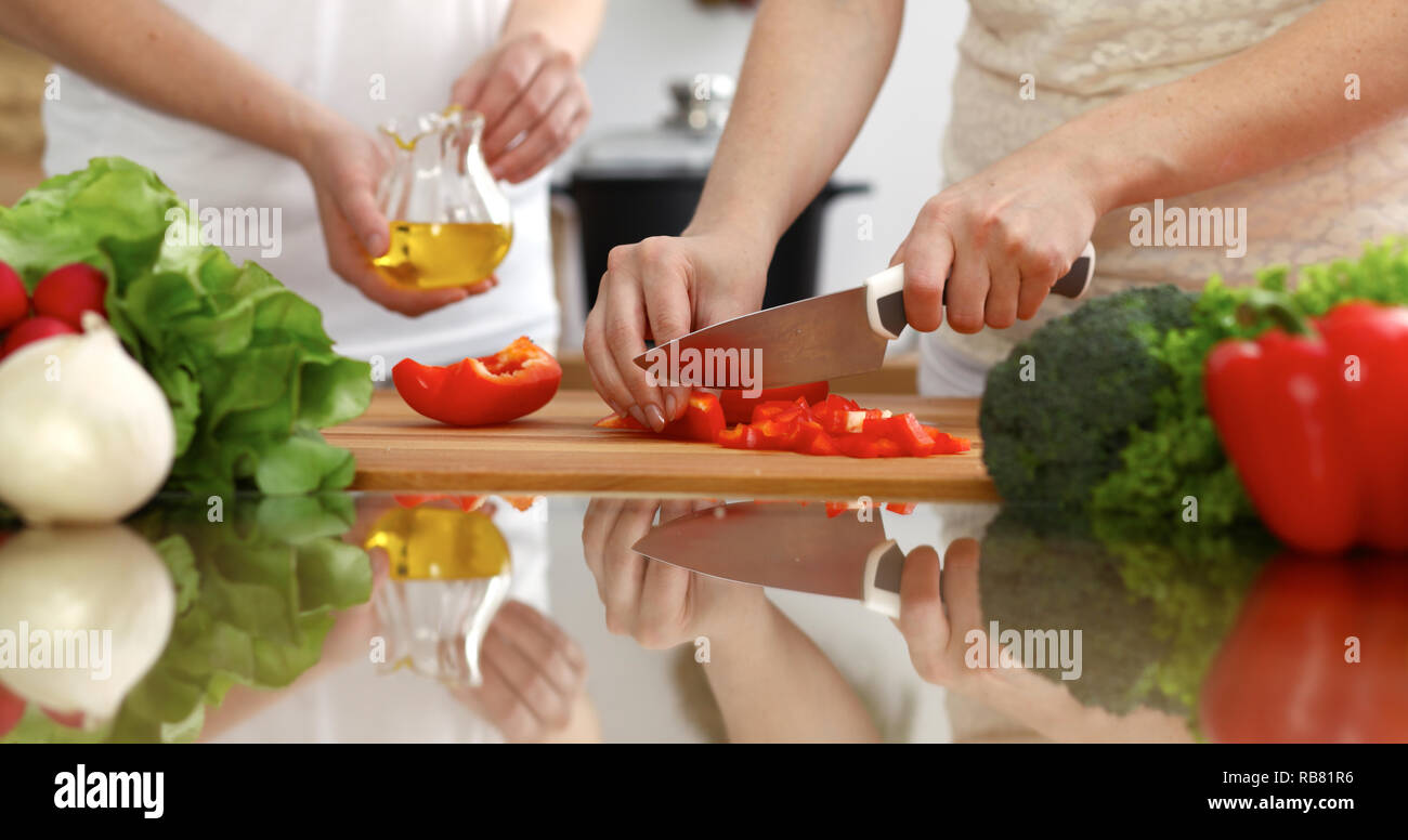 Closeup of human hands cooking in kitchen. Mother and daughter or two ...