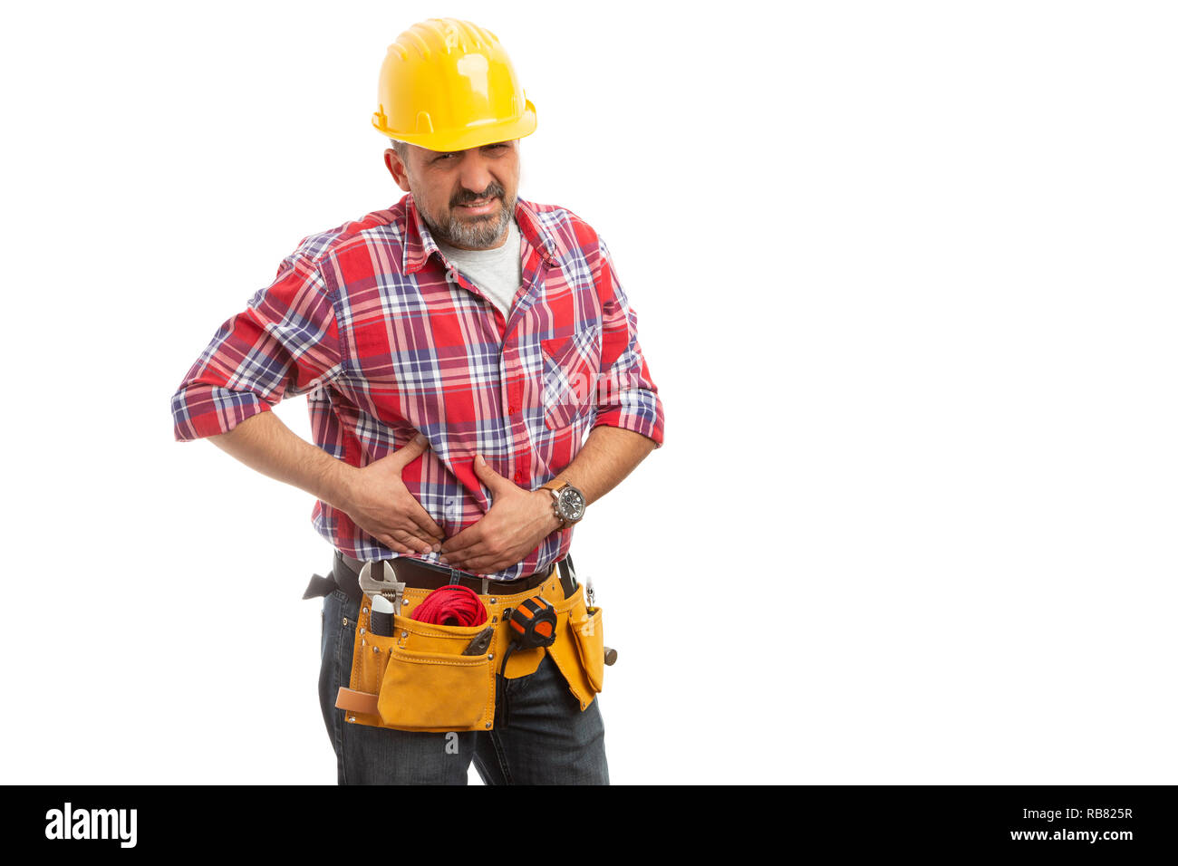 Sick builder touching right side of abdomen as liver health problems ...