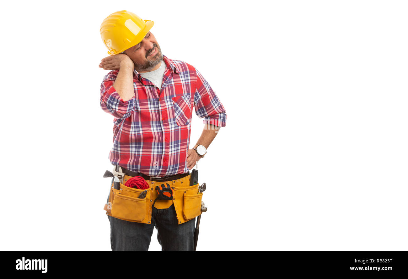 Constructor man touching painful stuffed ear isolated on white studio ...