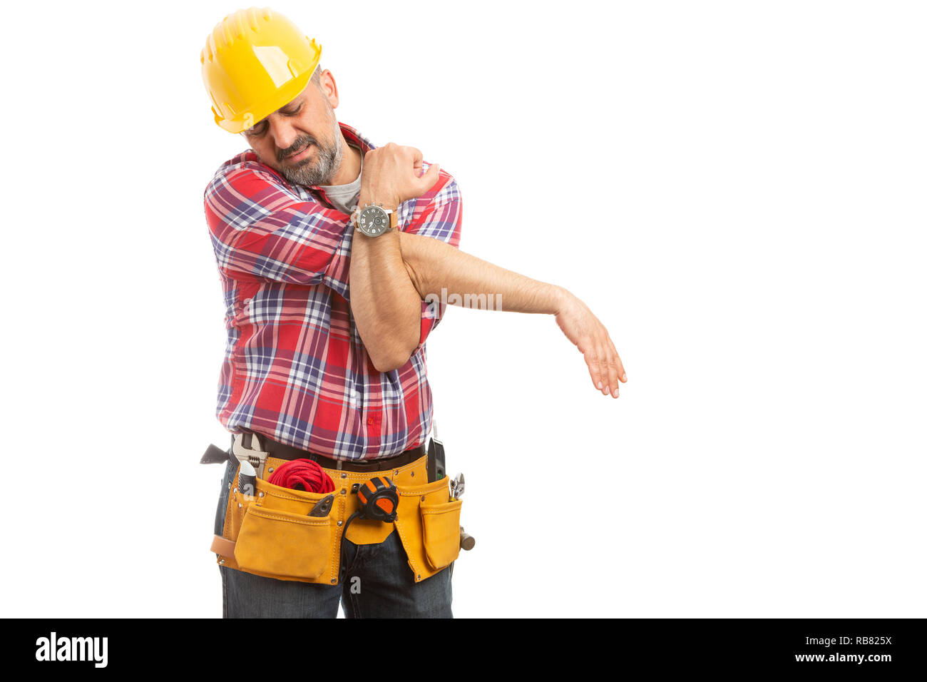 Builder man stretching arm muscles as preparing for hard-work isolated ...