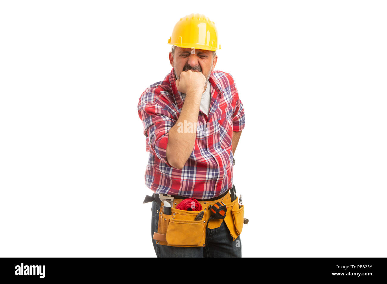 Construction worker showing fist as angry gesture isolated on white ...