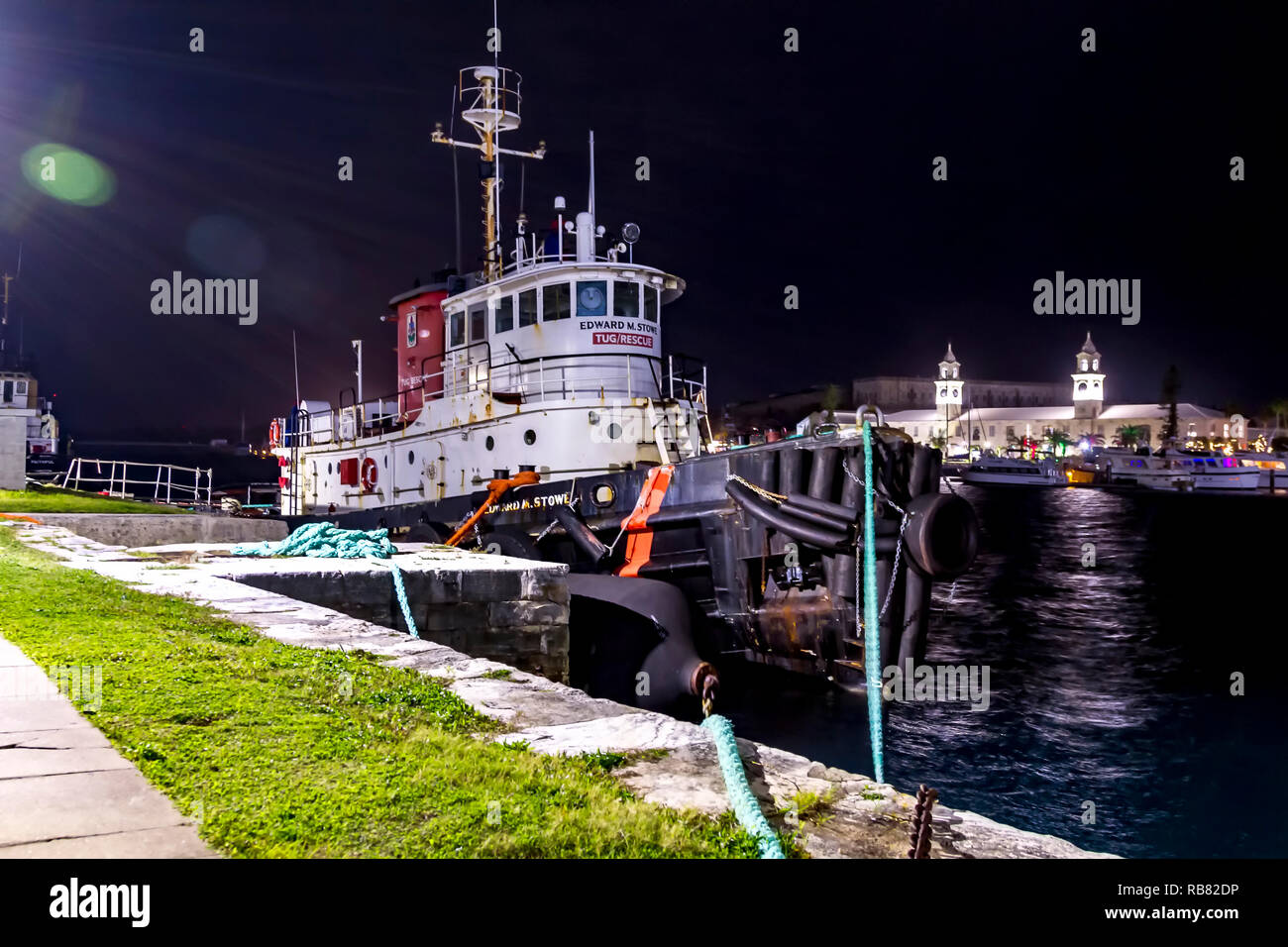 Edward M Stowe Tug and Rescue boat moored in Hamilton, Burmuda at night ...