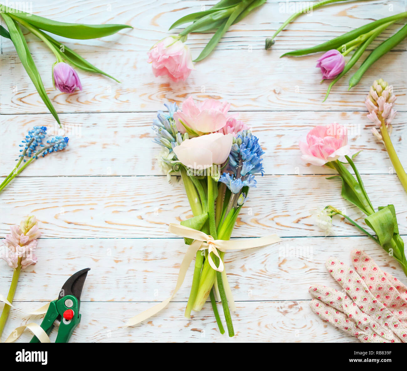 Spring flower bouquet top view on white background. Gardening concept ...
