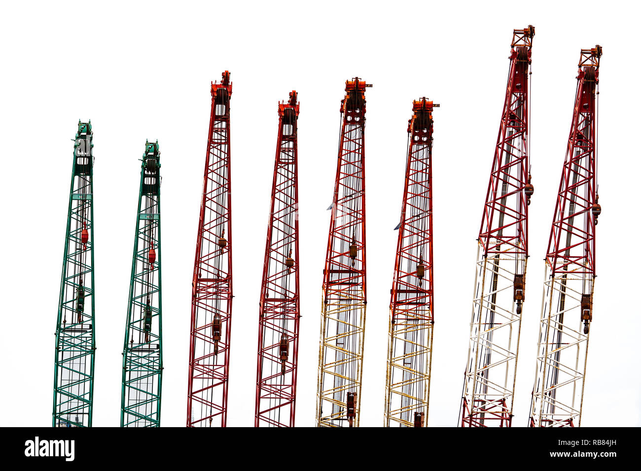 Set of big construction crane for heavy lifting isolated on white ...
