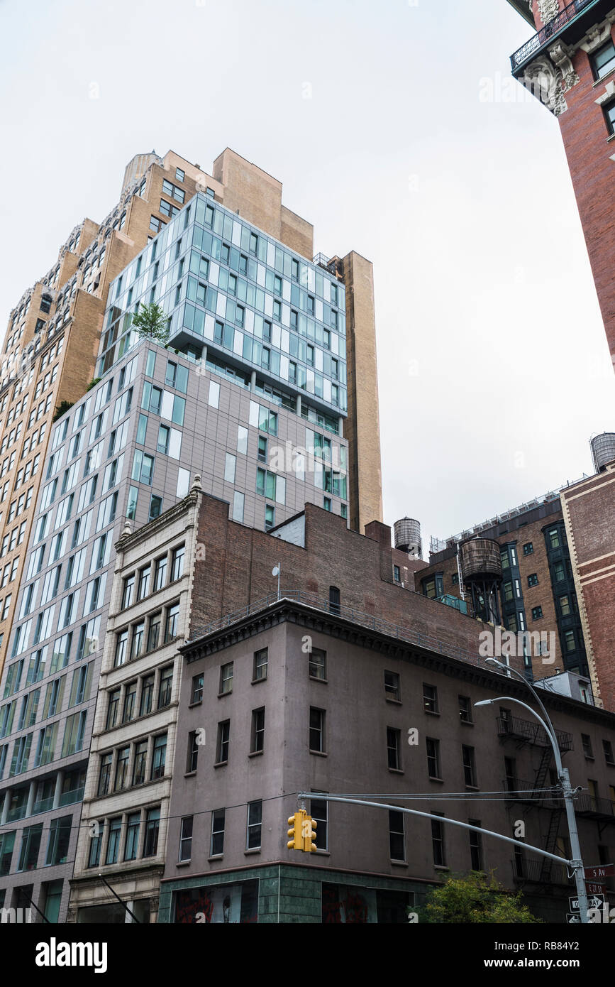 Facade of a modern and classic skyscrapers in Manhattan in New York ...