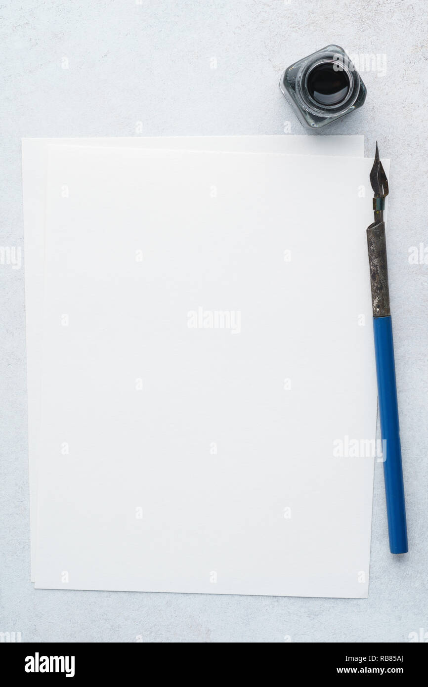 Empty list of paper for letter, vintage pen and ink. Flat lay. Blank ...