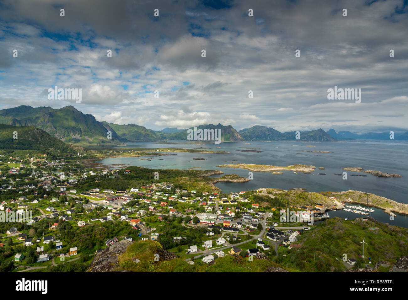 View from Mannfallet mountain over the village of Stamsund in Vestvågøy ...
