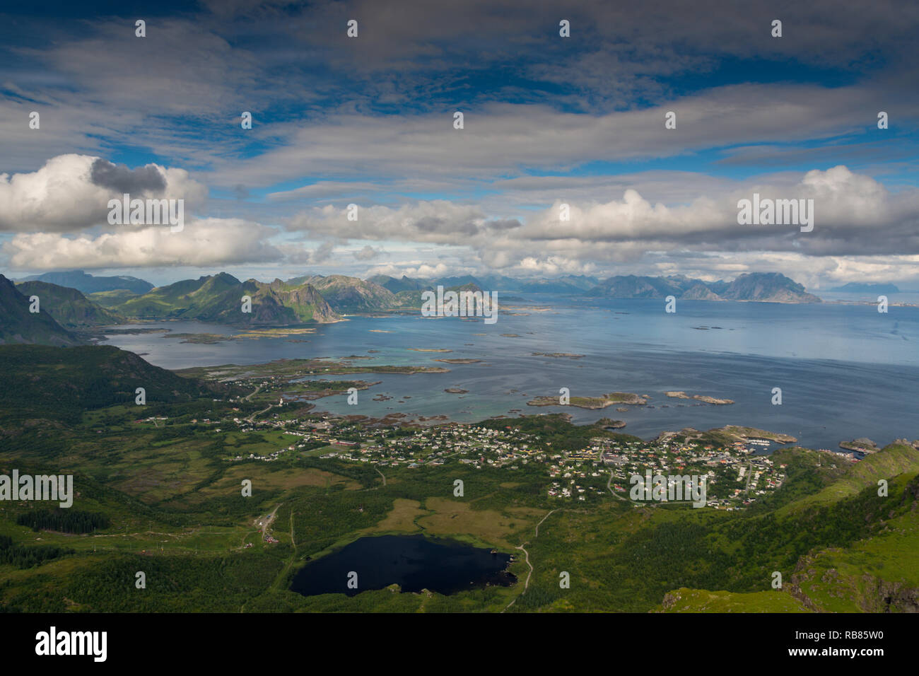 View from Mannfallet mountain over the village of Stamsund in Vestvågøy ...