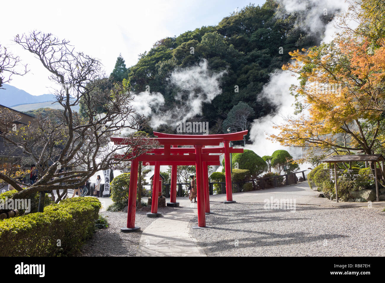 Beppu, Japan - November 2, 2018: Torii in front of the Umi Jigoku pool ...