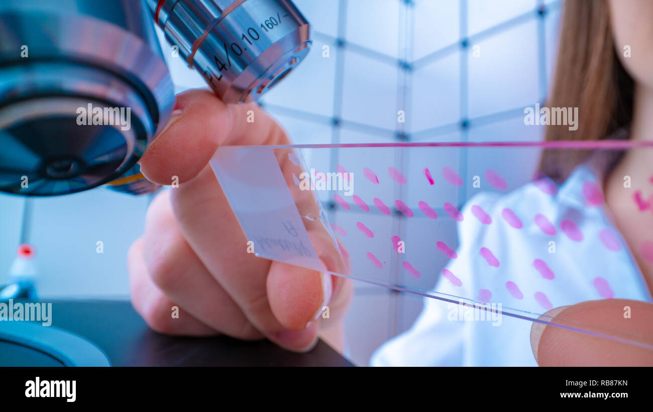 Scientist analyzing microscope slide at laboratory. Young woman ...