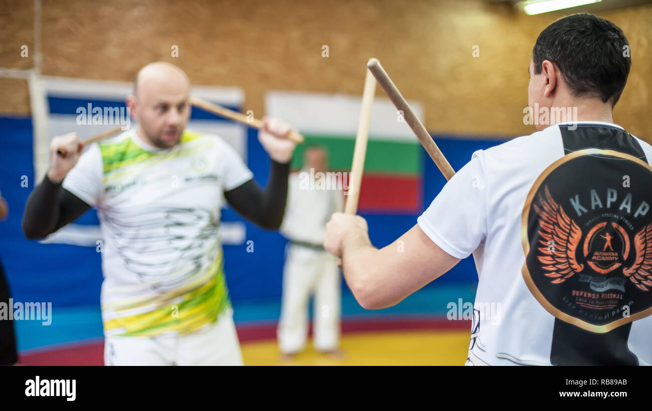 PLOVDIV, BULGARIA - 15. DECEMBER 2018. Sticks fighting techniques ...
