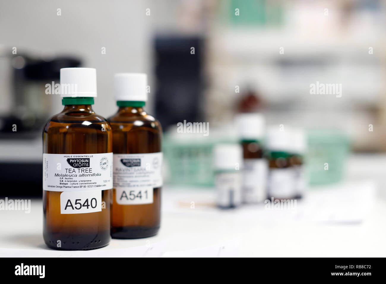Pharmacy. Essential oils in glass bottles. France Stock Photo - Alamy