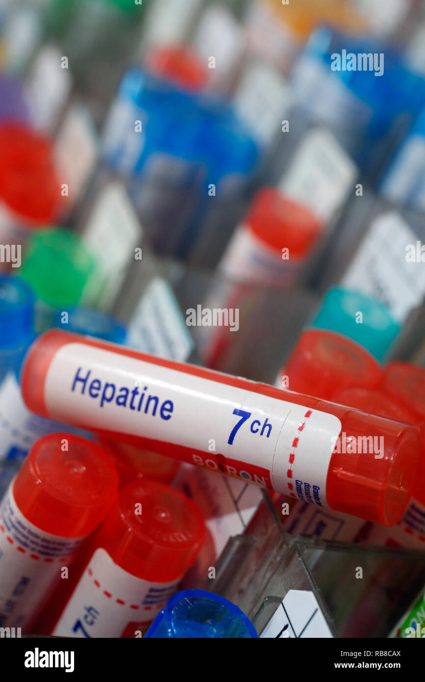 Pharmacy. Homeopathic medicines. Hepatine. France Stock Photo - Alamy