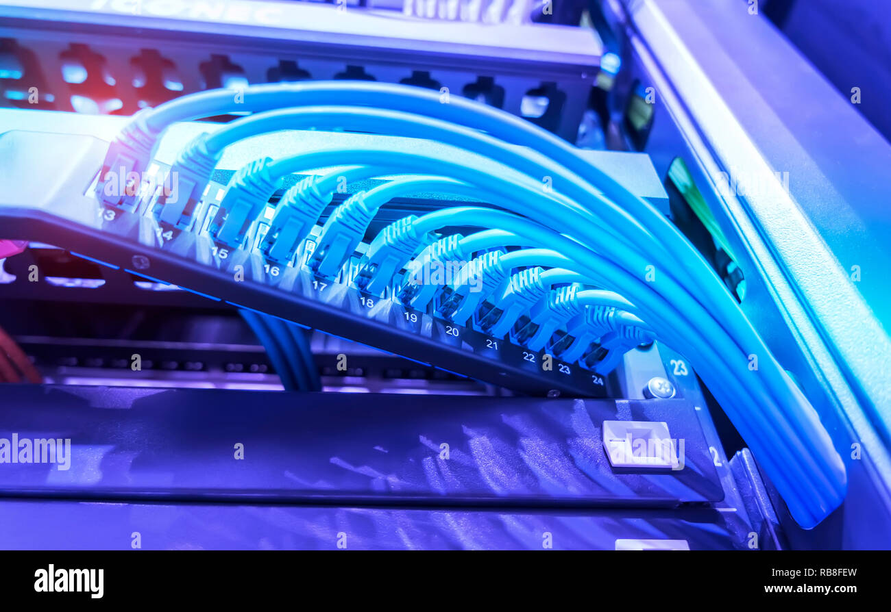 network cable connecting on network core switch close up Stock Photo ...