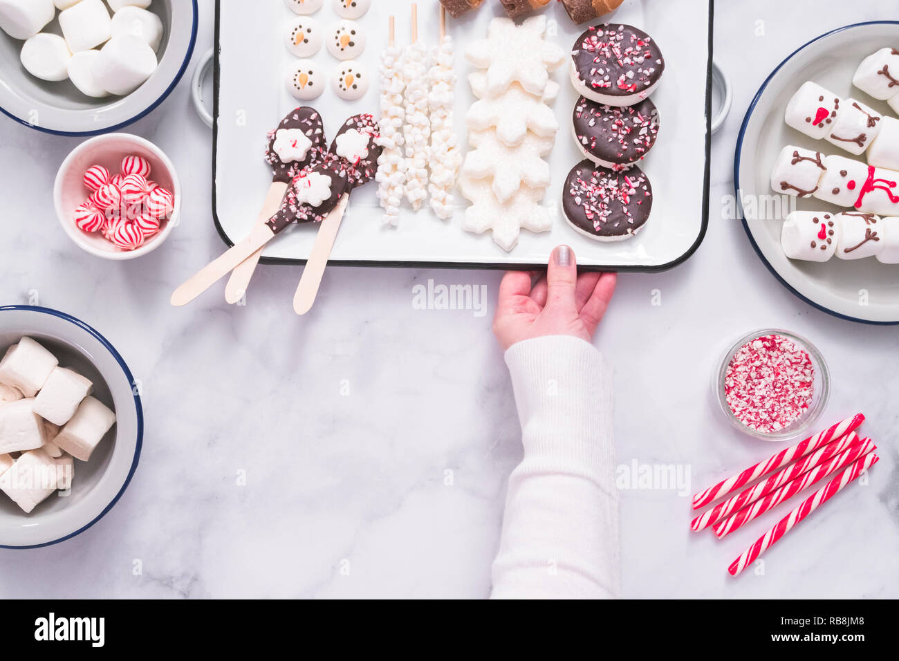 Flat lay. Variety of marshmallow toppings with peppermint and chocolate ...