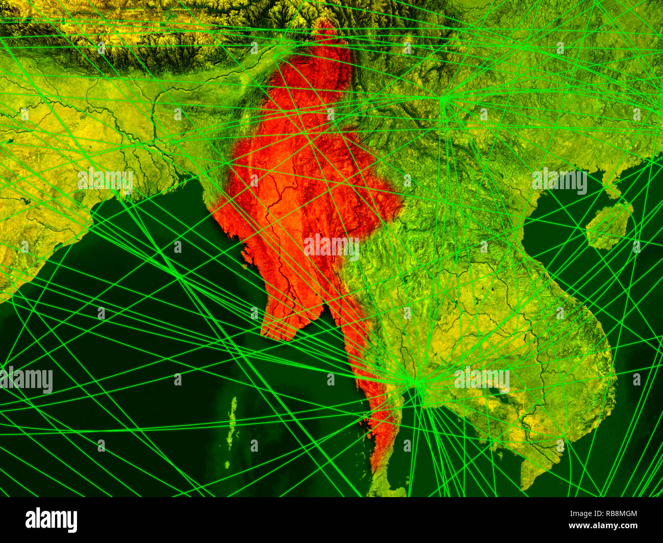 Myanmar on digital map with networks. Concept of international travel ...
