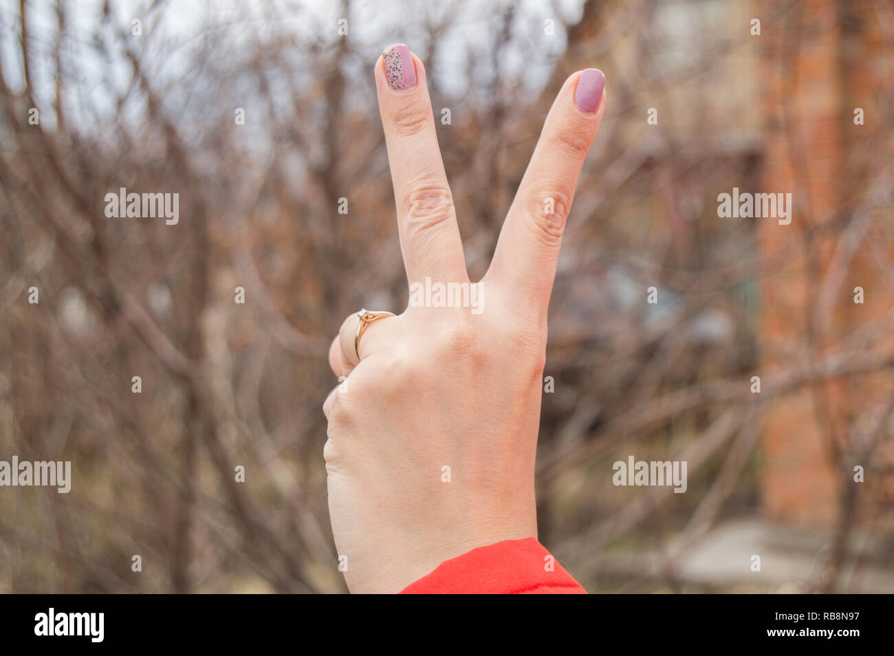 Female hand showing victory sign on blurred nature background Stock ...
