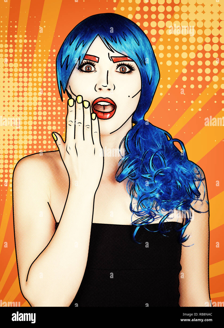 Portrait of young woman in comic pop art make-up style. Shoked female ...