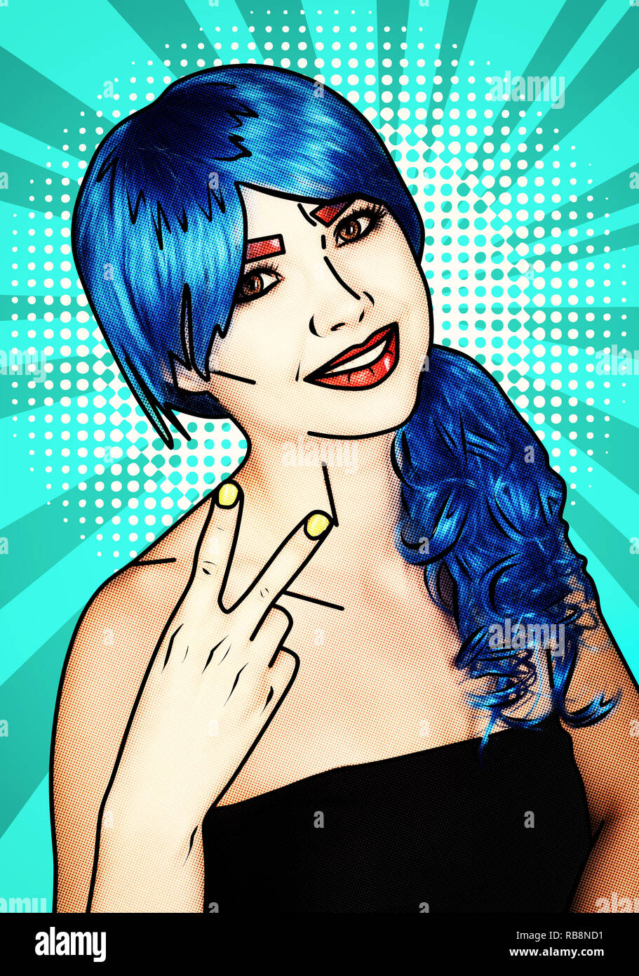 Portrait of young woman in comic pop art make-up style. Female in blue ...
