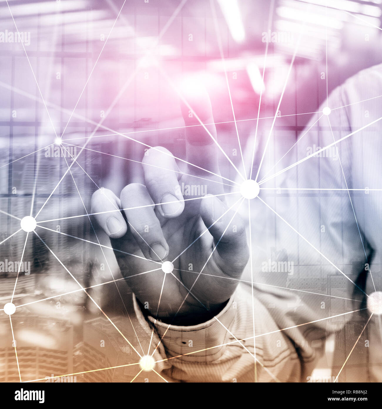 Blockchain network on blurred skyscrapers background. Financial ...