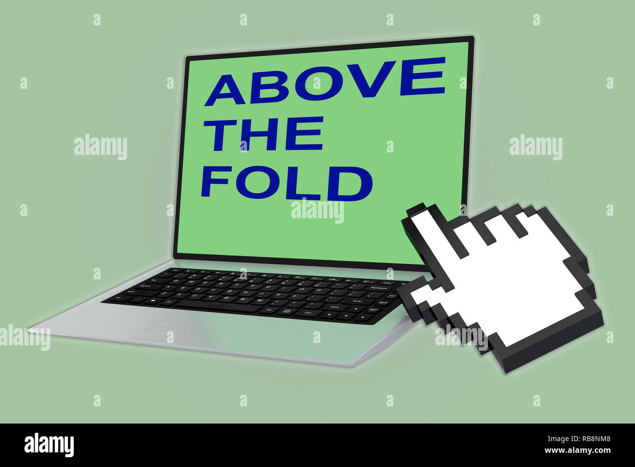 3D illustration of ABOVE THE FOLD script with pointing hand icon ...