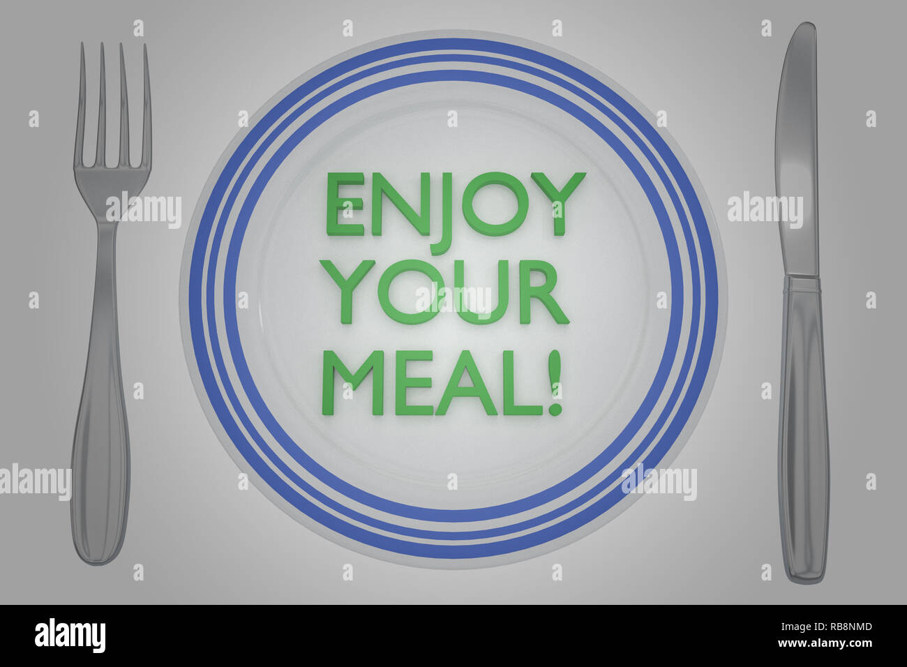 3D illustration of ENJOY YOUR MEAL! title on a white plate, along with ...