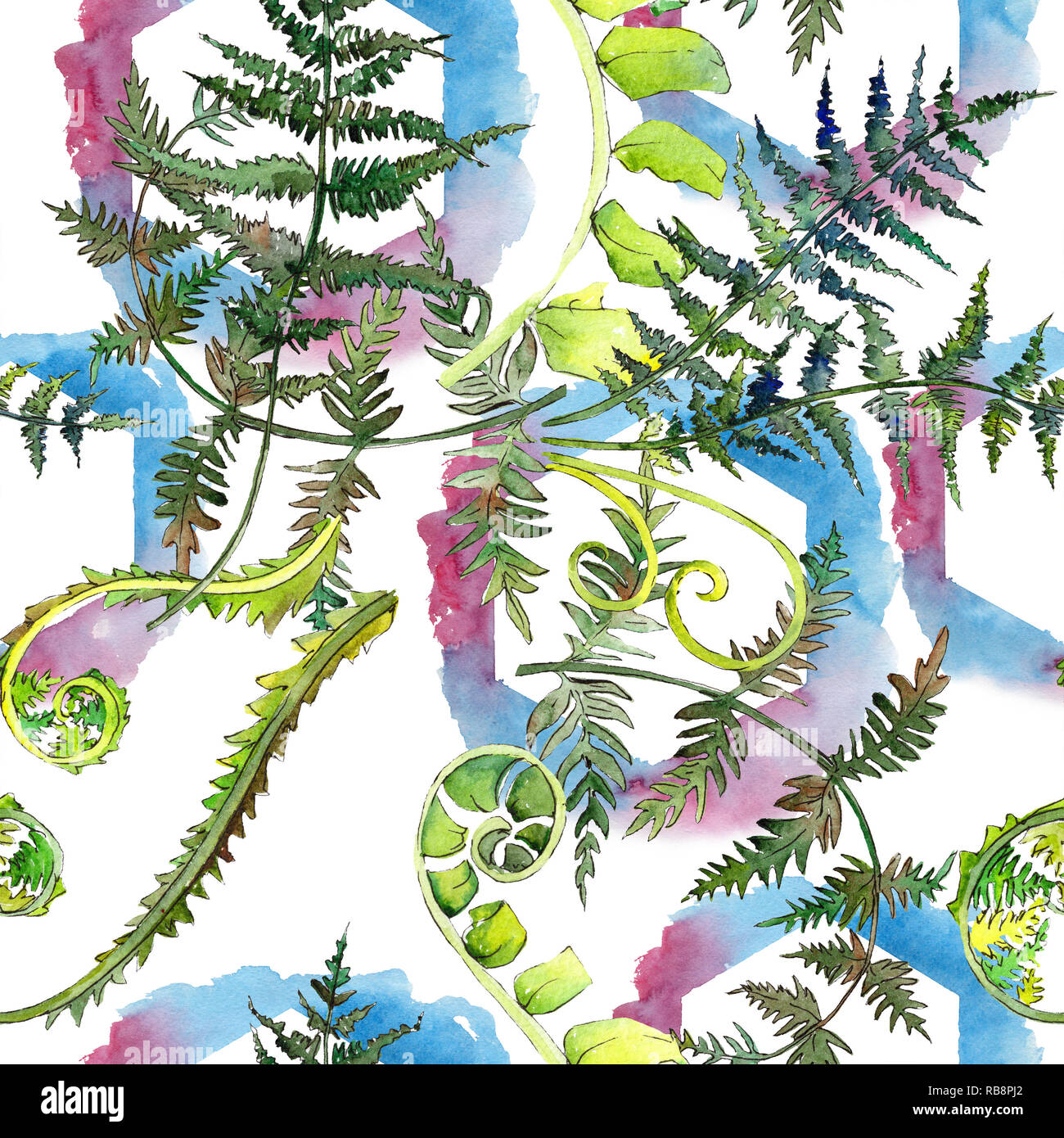 Fern green leaf. Watercolor background illustration set. Seamless ...