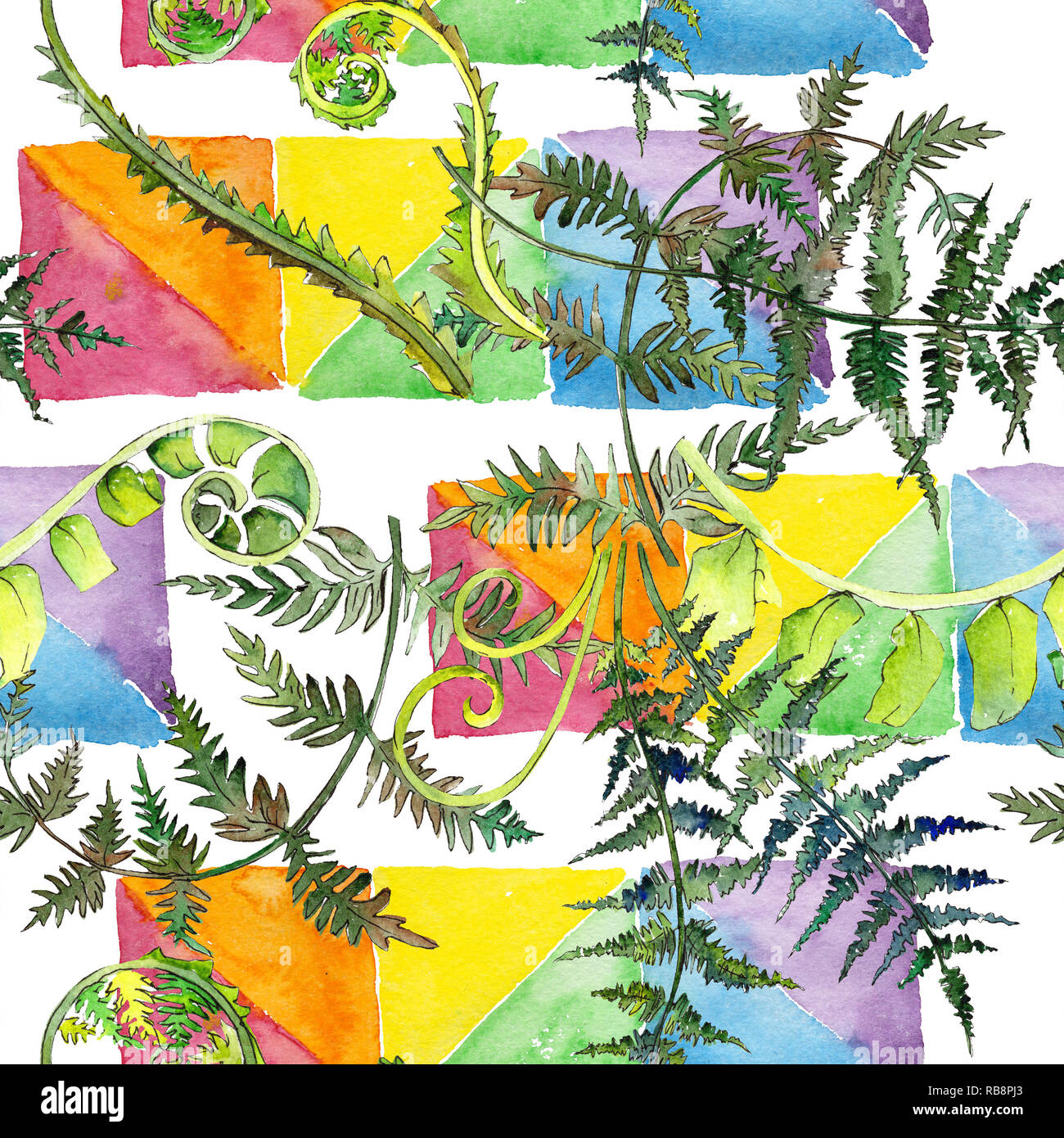 Fern green leaf. Watercolor background illustration set. Seamless ...