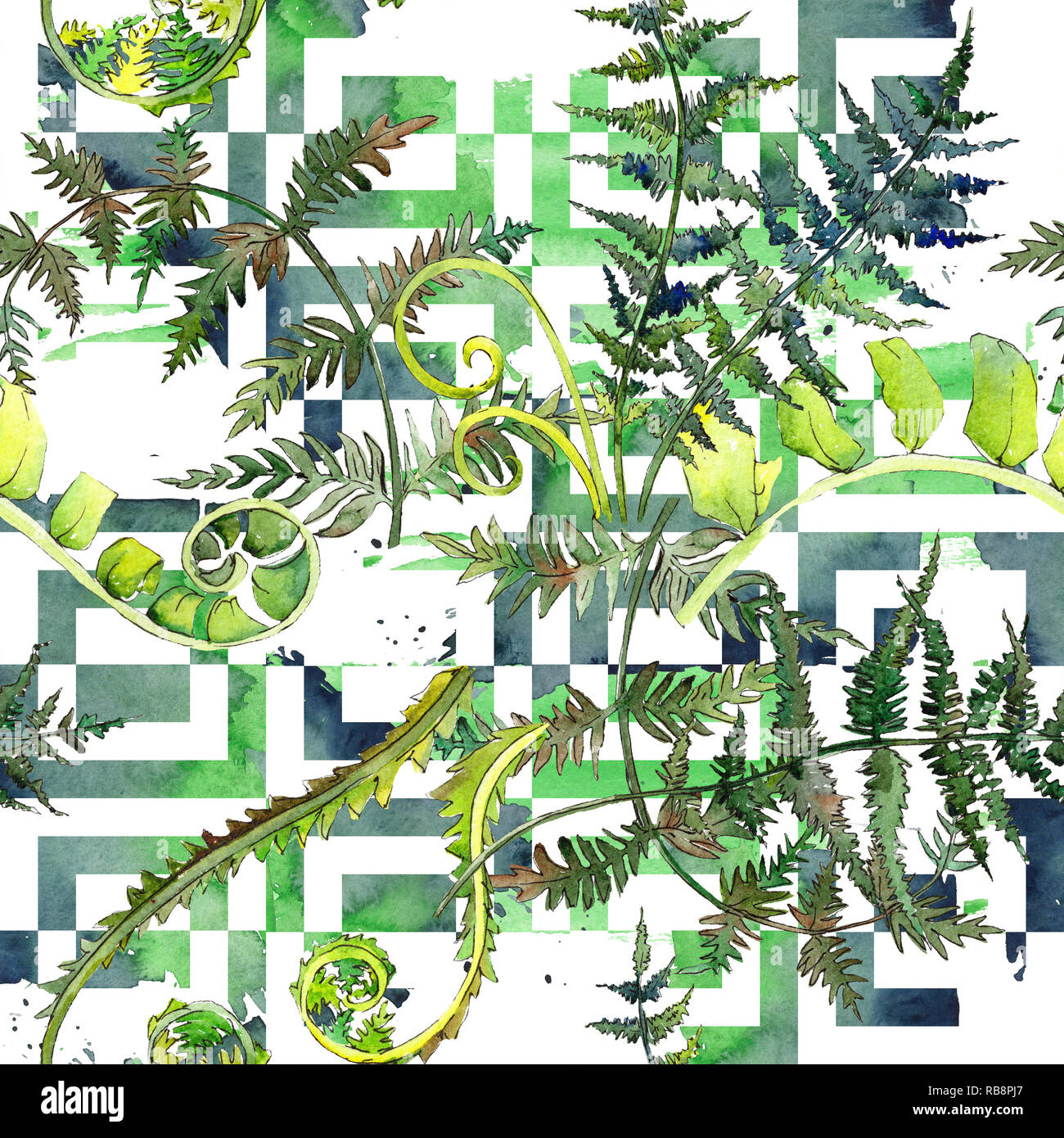 Fern green leaf. Watercolor background illustration set. Seamless ...