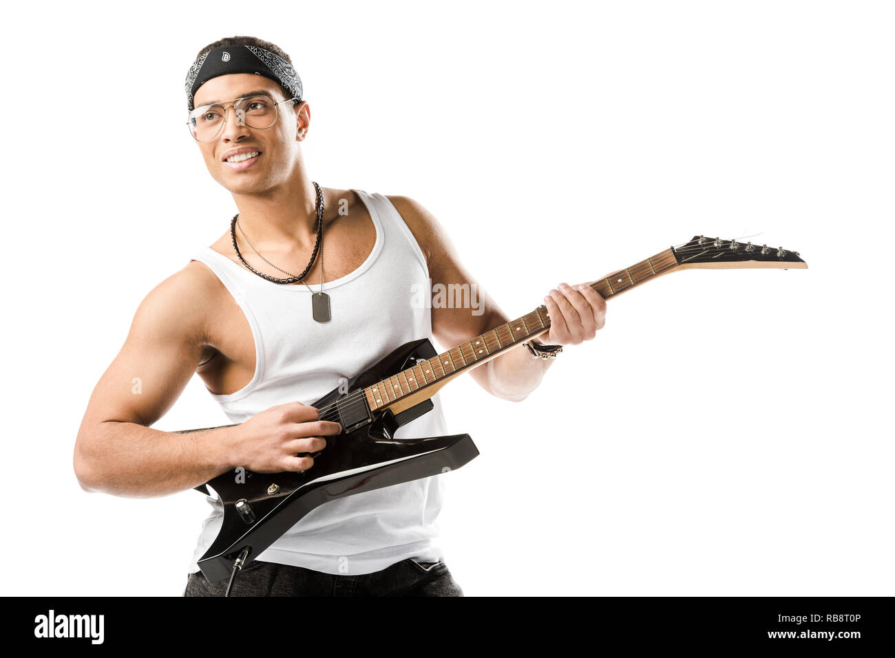 smiling mixed race male rock musician playing on electric guitar ...