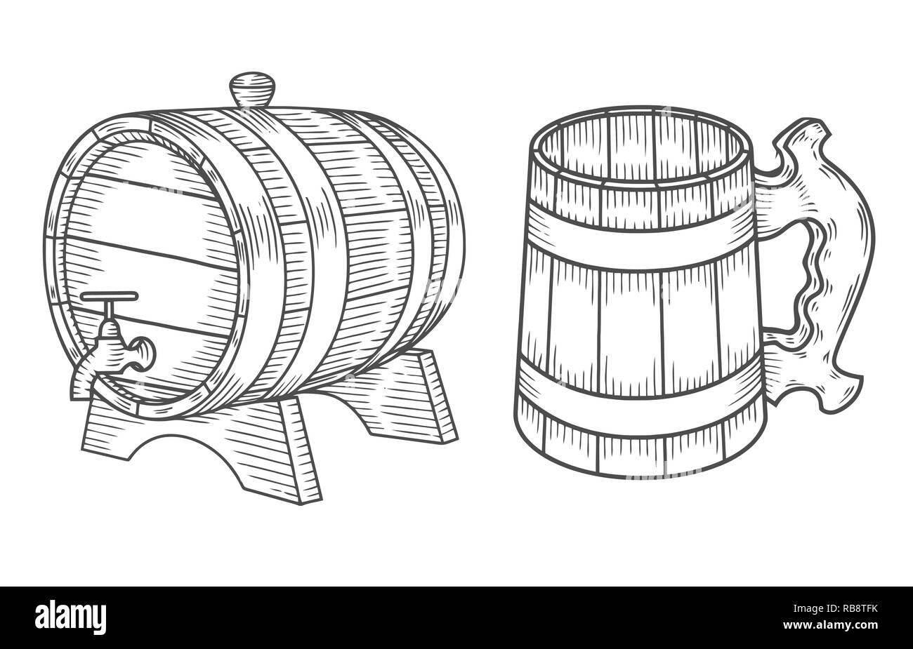 Beer glass, wooden mug. Sketch style vector illustration. Alcoholic ...