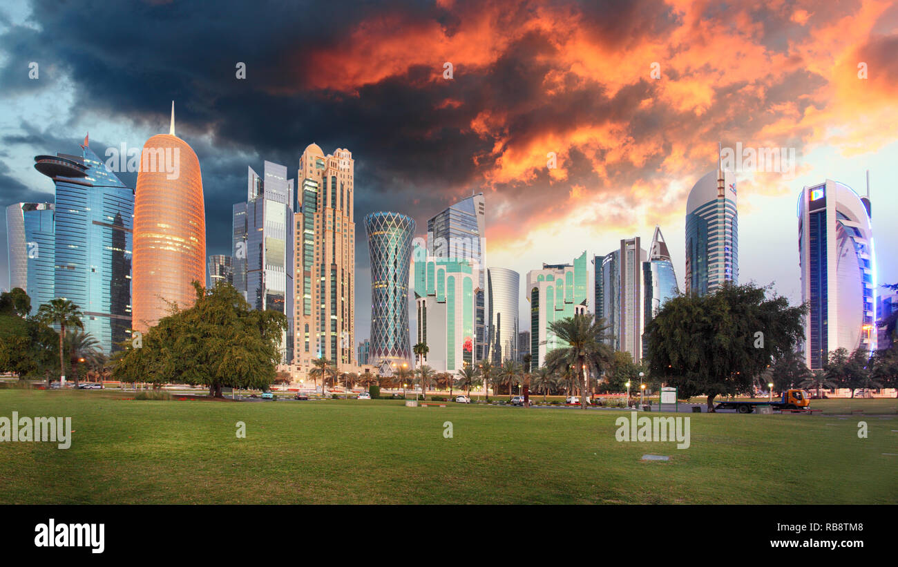 Doha skyline at dramatic sunrise, Qatar Stock Photo - Alamy